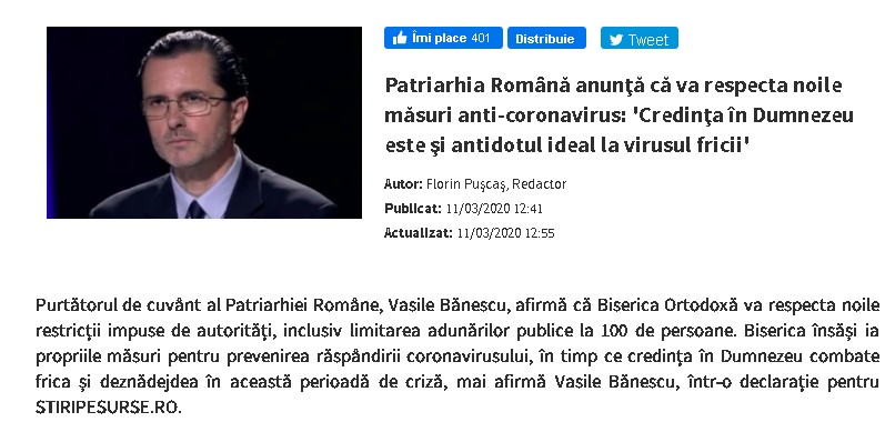 Biserica Ortodoxa va respecta restrictiile impuse de autoritati ...